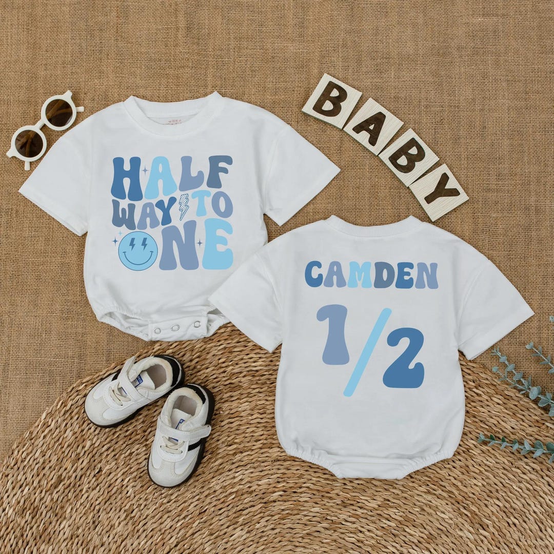 Personalized Half Way to One Baby Romper, Half Birthday Baby Boy ...