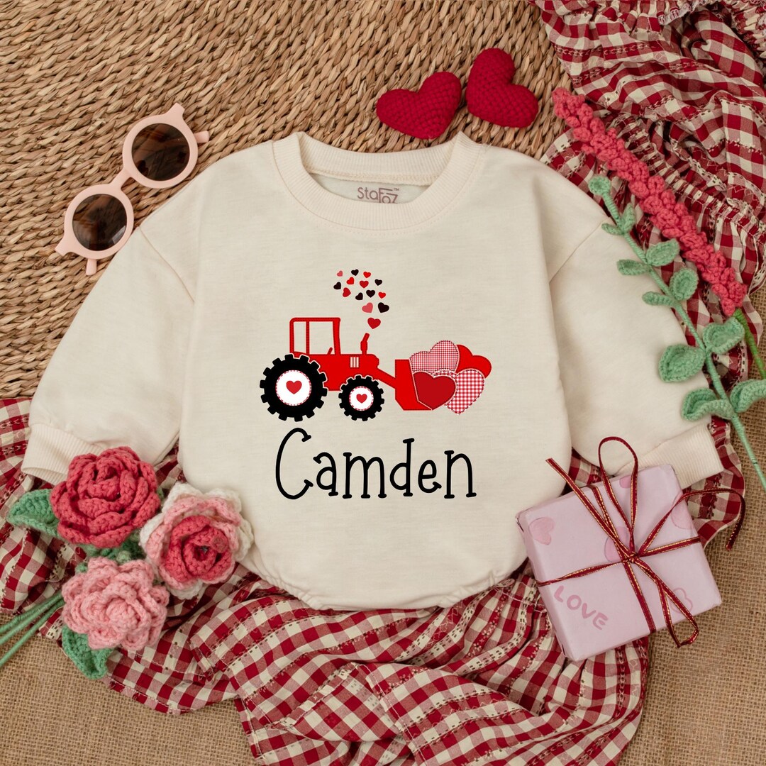 Personalized Valentine Red Tractor Baby Romper, Baby Boy Valentine ...