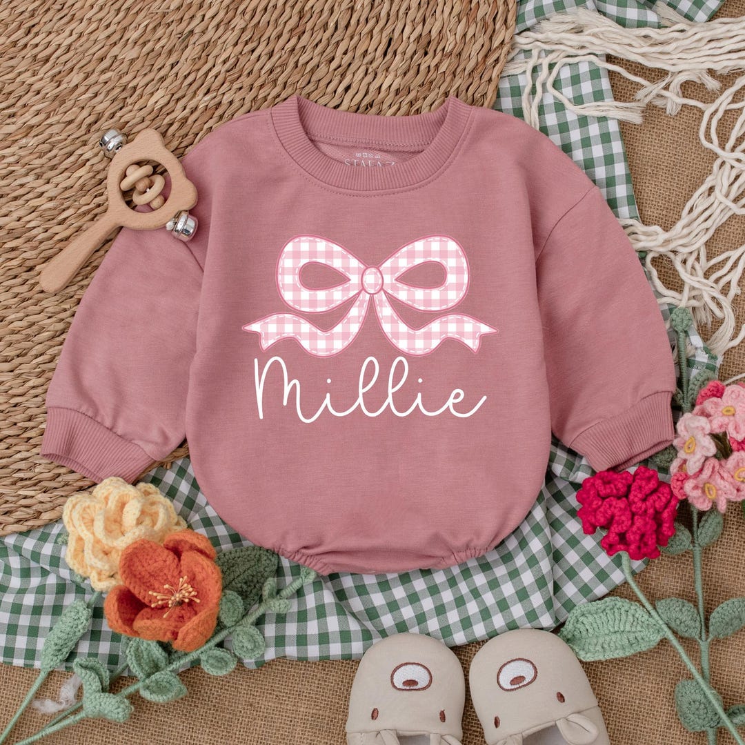 Personalized Name Baby Girl T-shirt Bubble Romper, Pink Bow Birthday ...