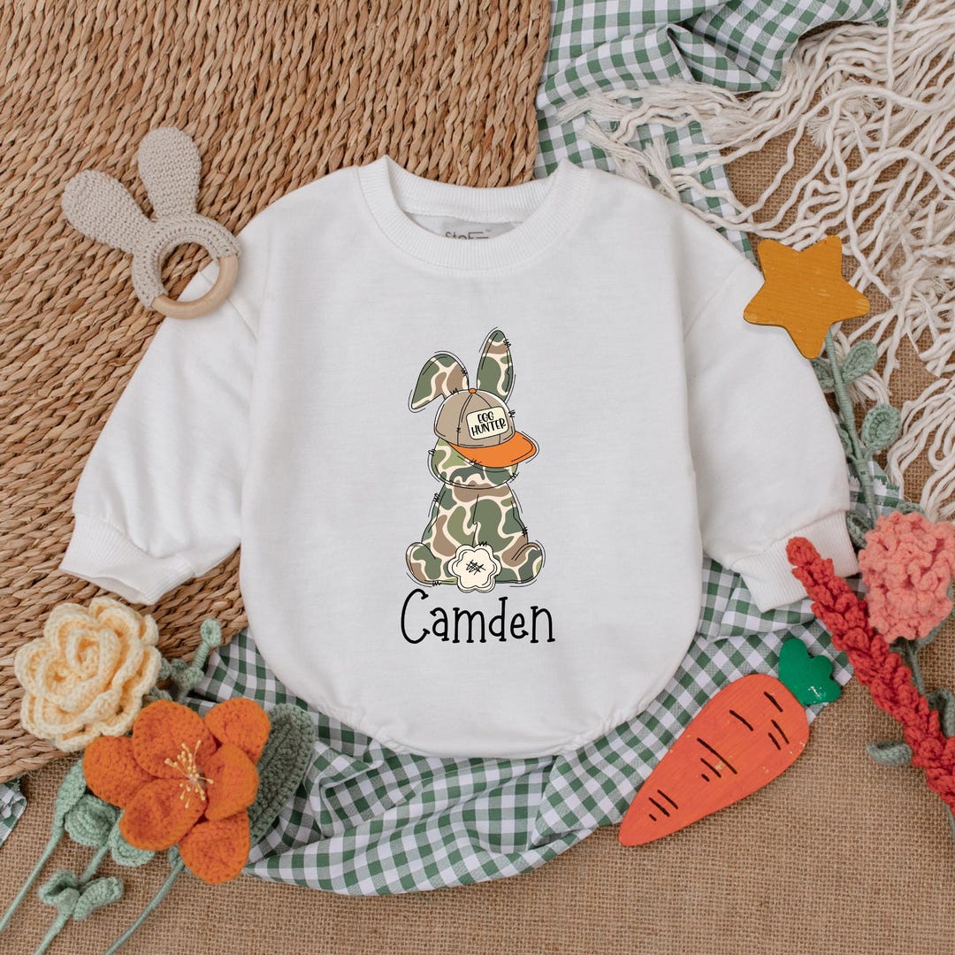 Personalized Camo Easter Boys Romper, Egg Hunter Bunny Baby Bodysuit ...