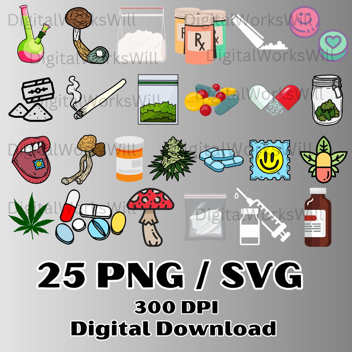 Recreational Drugs Clip Art Bundle Pack, 25 Images, PNG, SVG, Instant ...