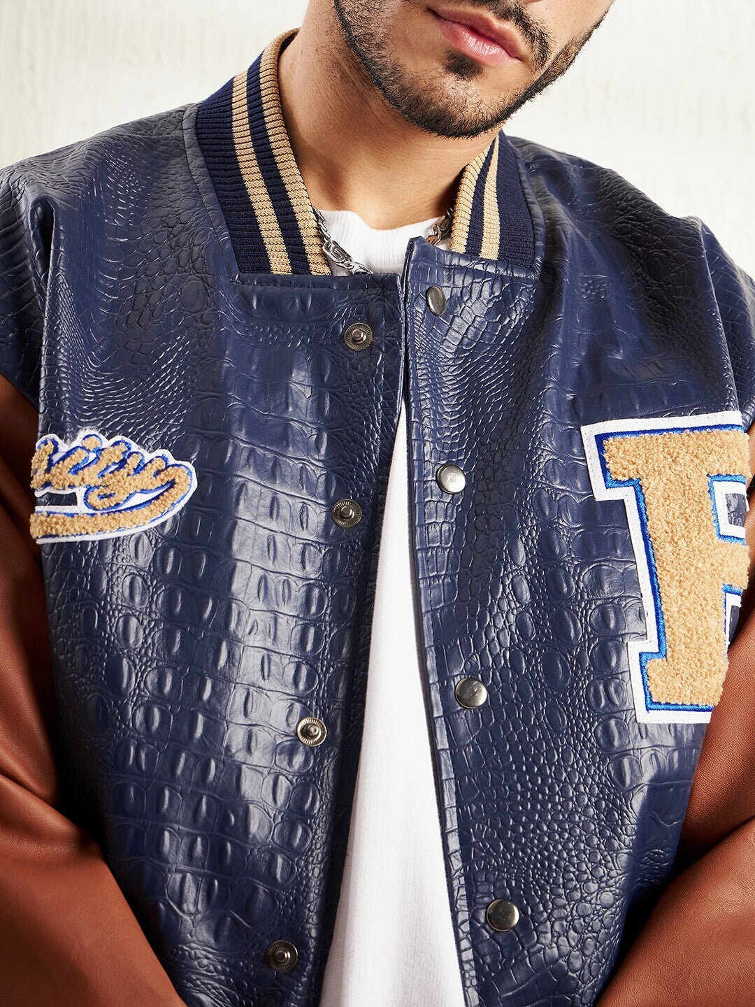 Mens Blue Varsity Jacket With Leather Sleeves and Wool Body Button ...