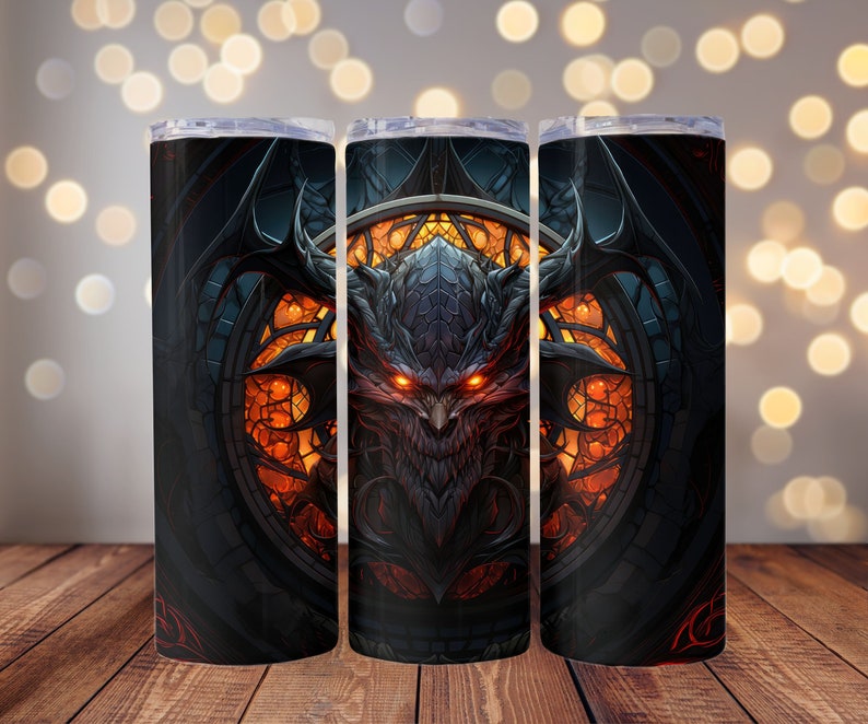 Gothic Medieval Evil Gargoyle Dark Art Stained Glass 20 Oz Skinny ...