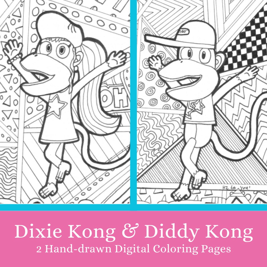 Diddy Kong And Dixie Kong Hand Drawn Coloring Page Bundle Digital Download 2 Coloring Pages