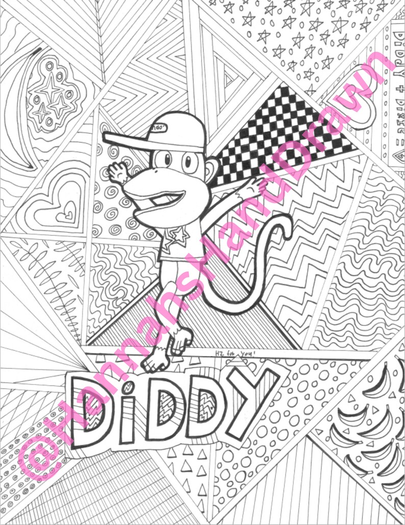Diddy Kong and Dixie Kong Hand-drawn Coloring Page Bundle - Digital ...