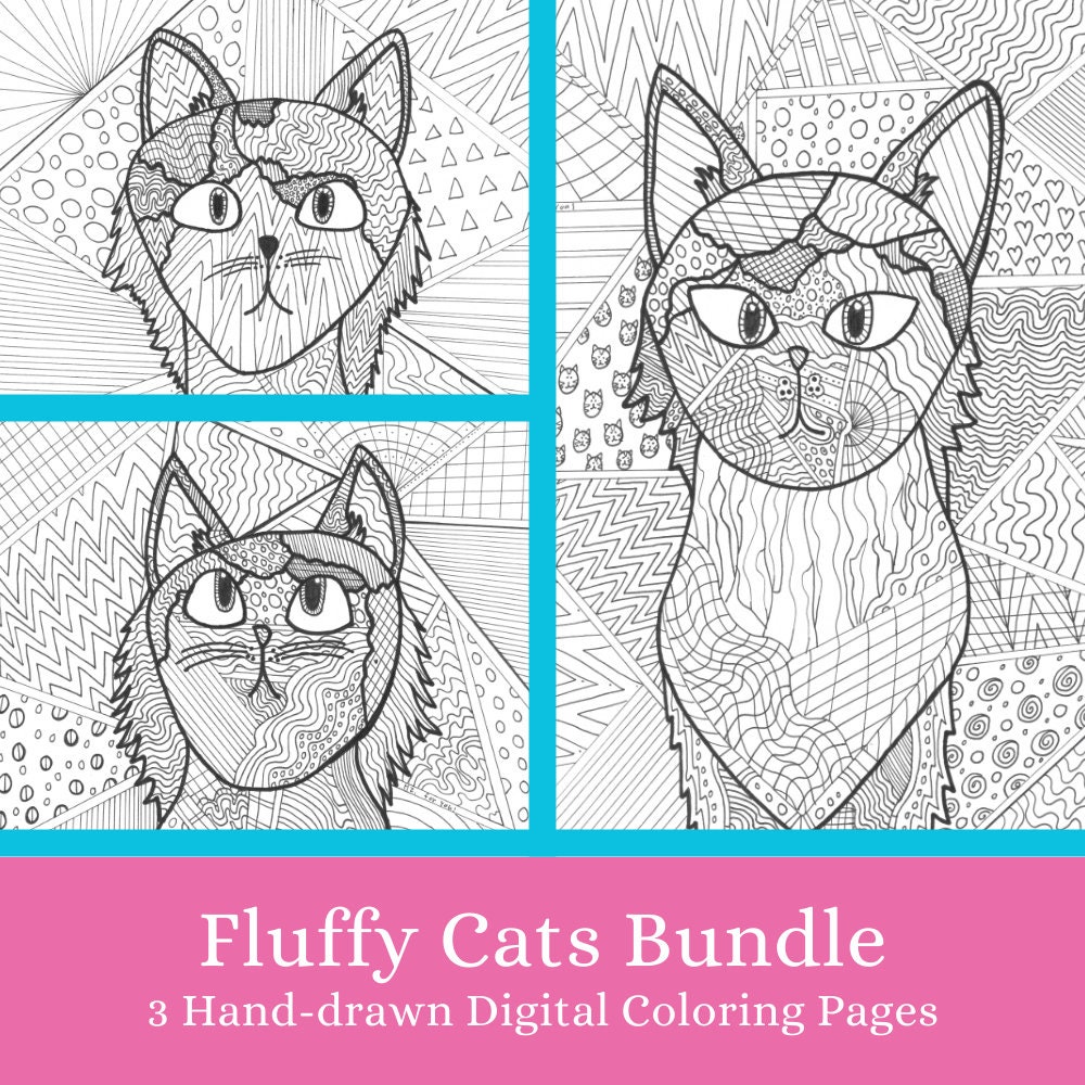 Fluffy Cats Hand-drawn Coloring Page Bundle - Digital Download - 3 ...