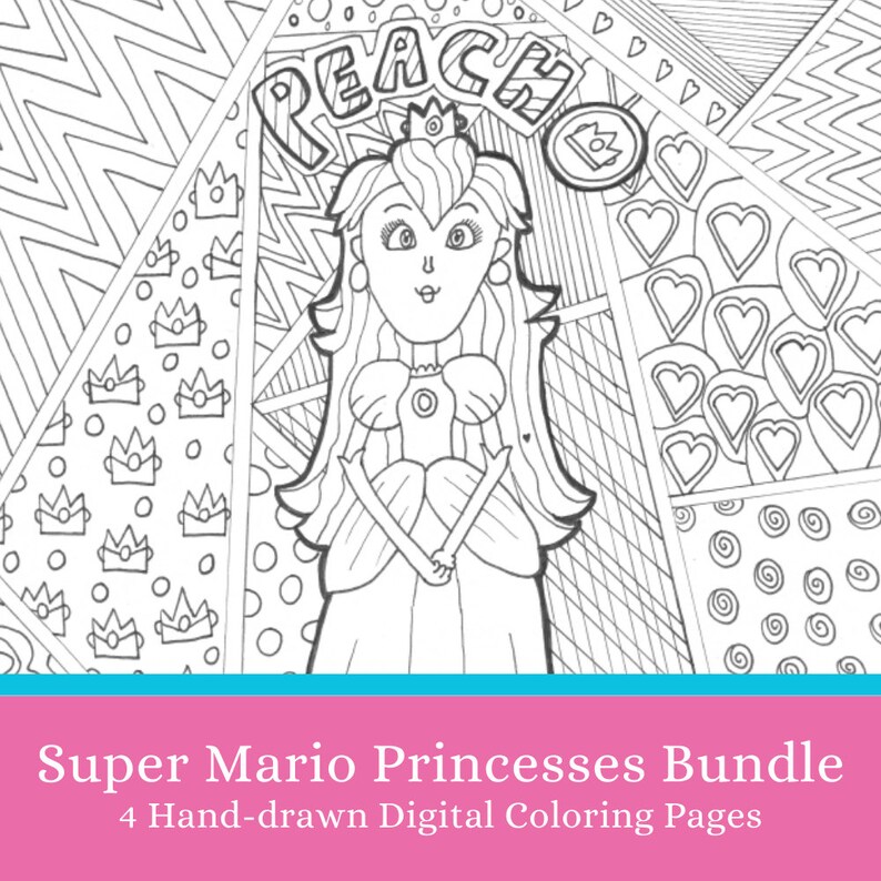 Super Mario Princesses Hand-drawn Coloring Page Bundle - Digital ...
