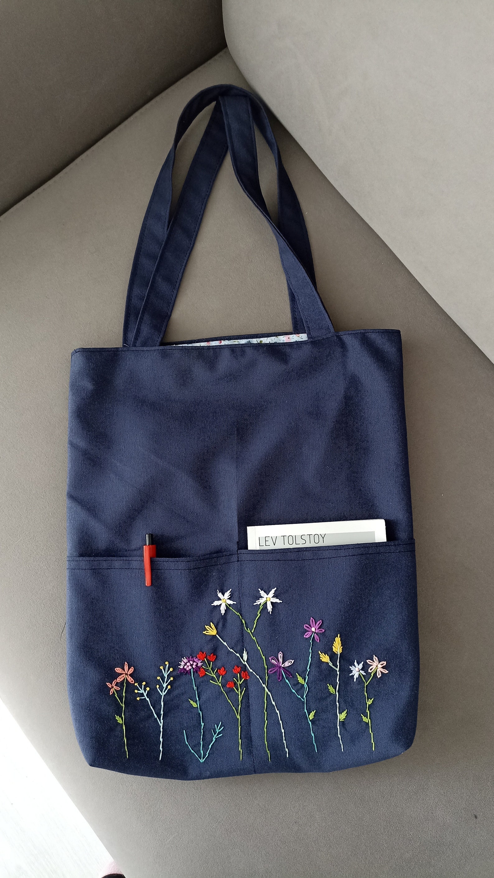 Embroidered Tote Bag, Handmade Linen Bag With Zipper and Pockets, Hand ...