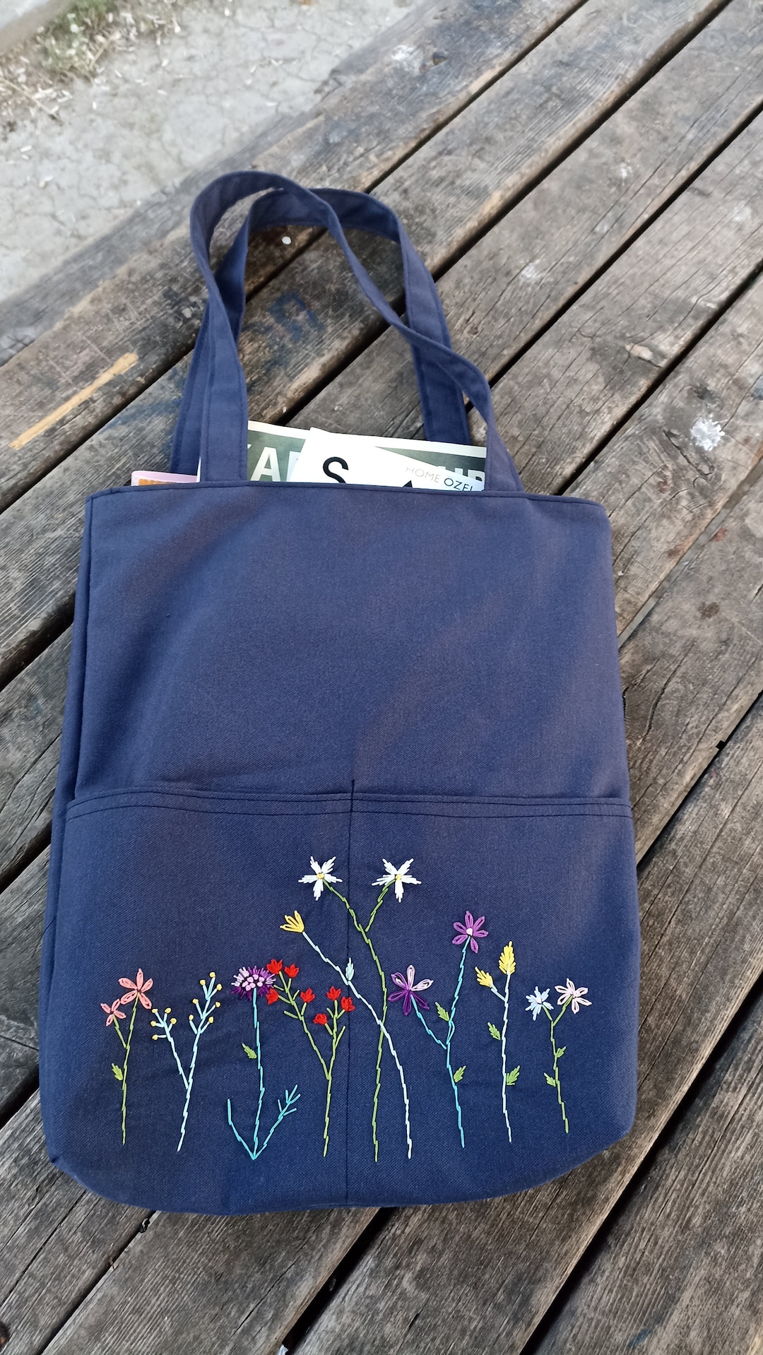 Embroidered Tote Bag, Handmade Linen Bag With Zipper and Pockets, Hand ...