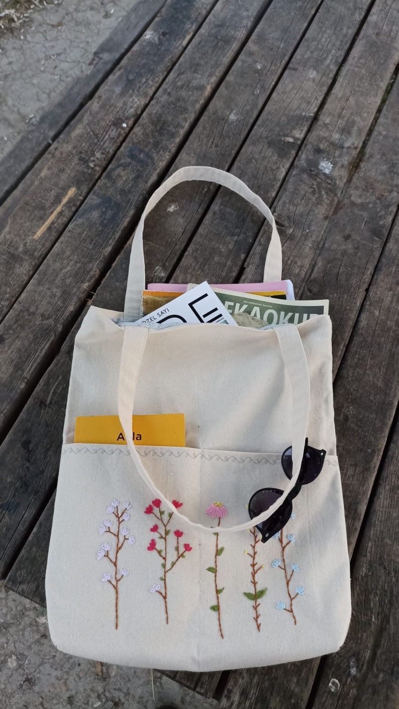 Embroidered Tote Bag, Handmade Linen Bag With Zipper and Pockets, Hand ...