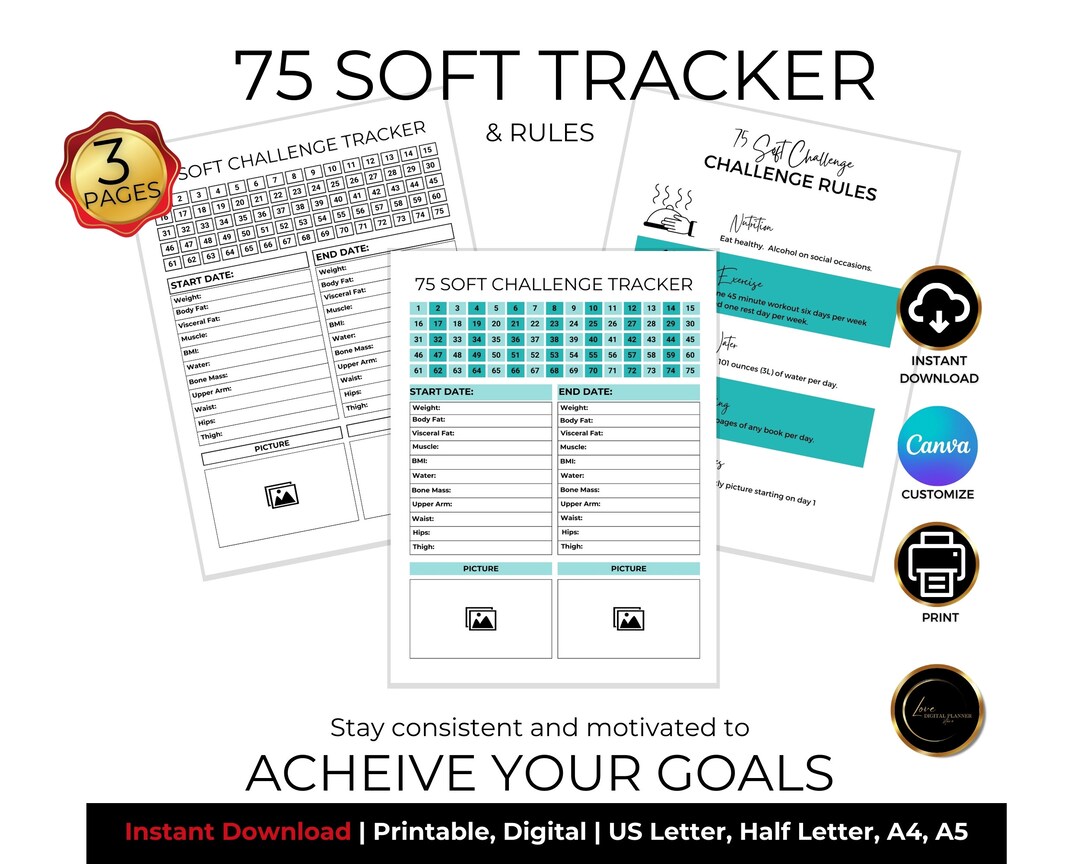 75 Soft Challenge Tracker EDITABLE | Customizable Canva Template | 75 ...