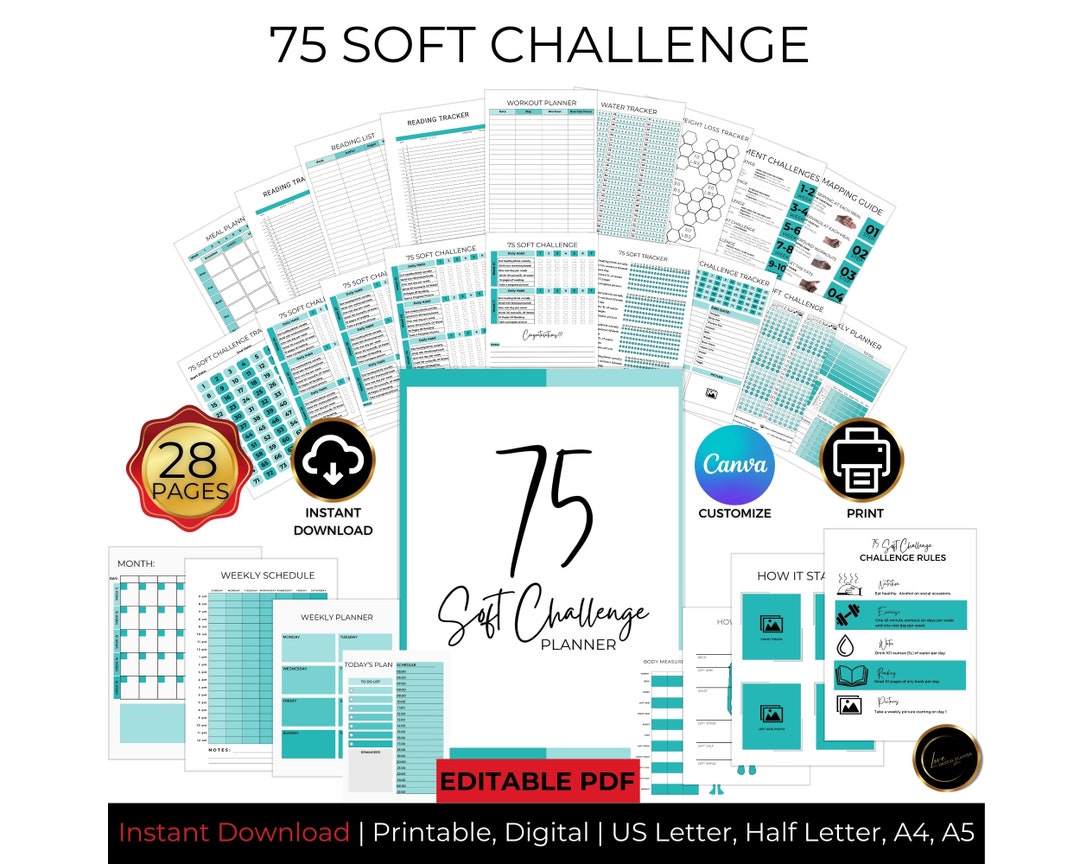 75 Soft Challenge EDITABLE Planner Bundle | 39 Page Canva Template | 75 ...