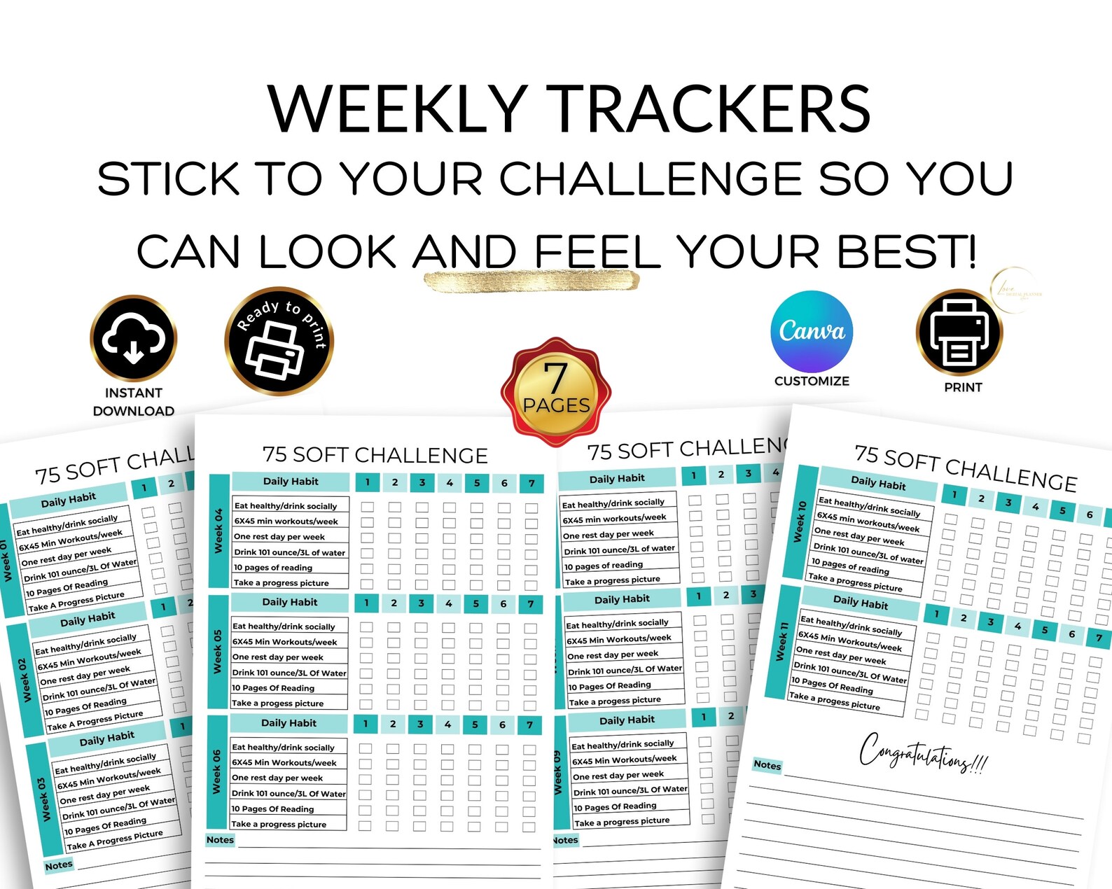 75 Soft Challenge Tracker EDITABLE | Canva Template | 75 Soft Printable ...
