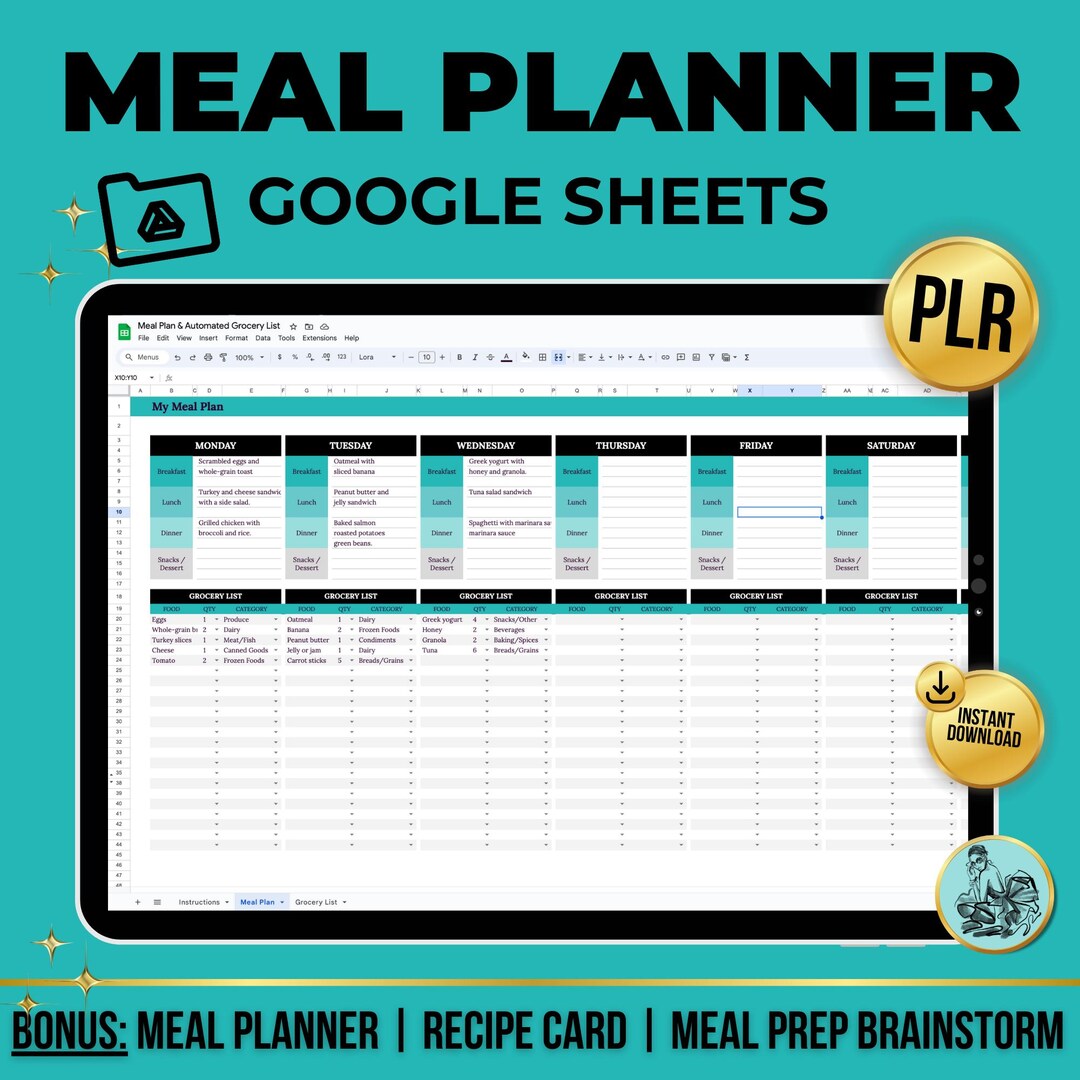 Weekly Meal Planner and Grocery List PLR Google Sheets Meal Planner Excel PLR Automated Grocery ...