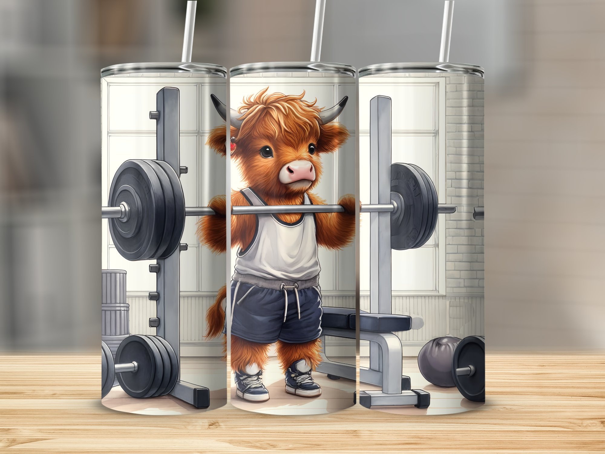 Highland Cow Cartoon Tumbler, Cute Gym Cow Design, Weightlifting Animal ...