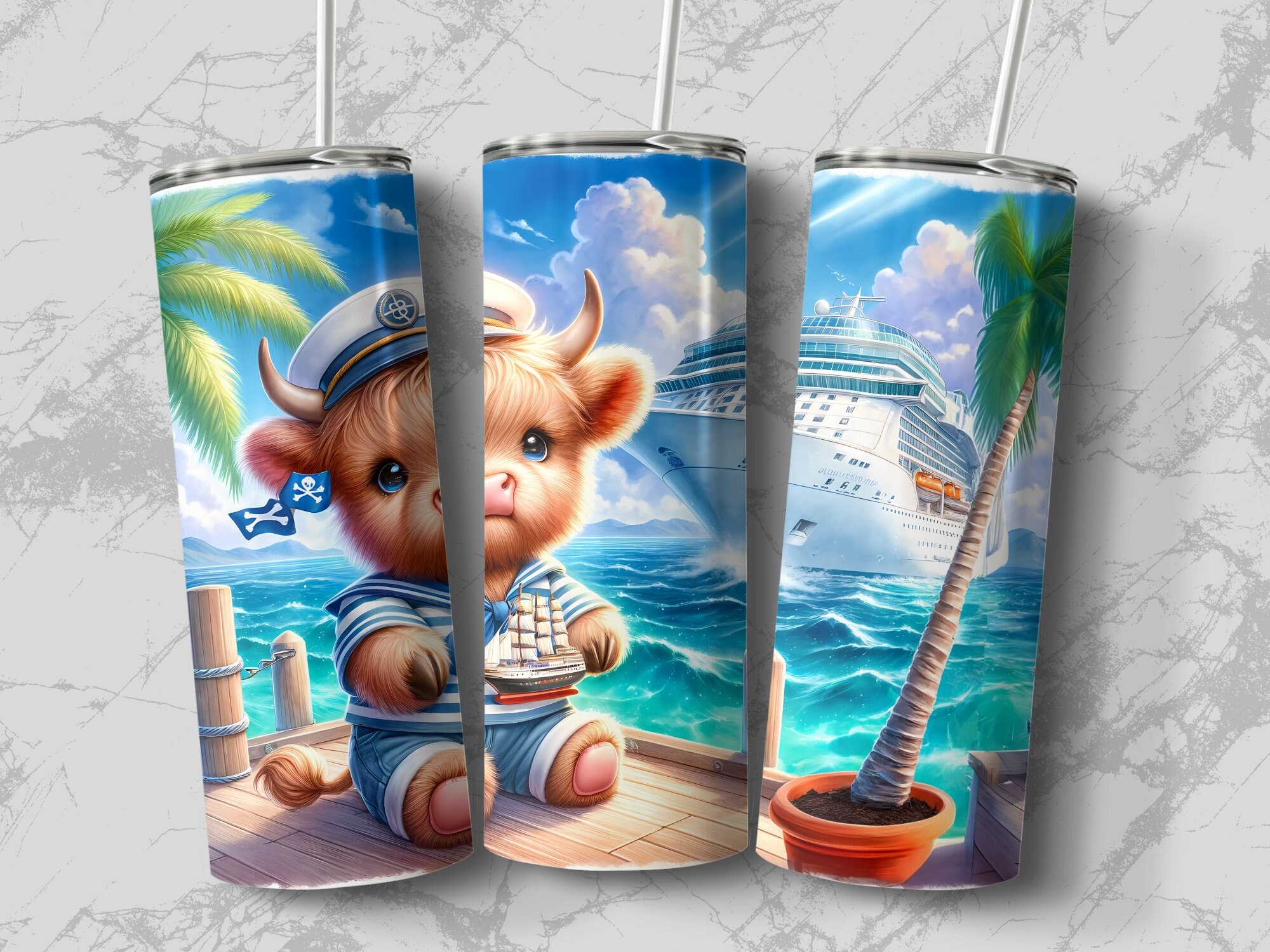 Highland Cow Sailor Themed Tumbler, Nautical Ocean and Cruise Inspired ...