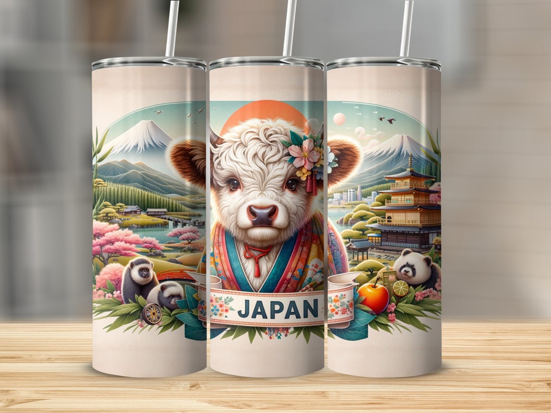 Highland Cow in Japan Tumbler, Cute Floral Cow, Sakura Blossom, Mt ...