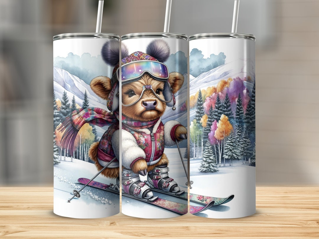 Highland Cow Skiing Tumbler, Cute Winter Sports Cow Skier Illustration ...