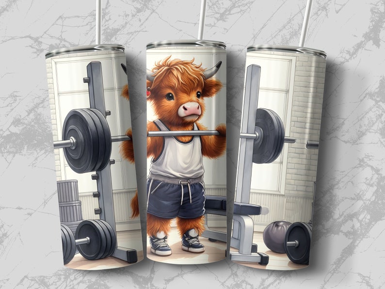 Highland Cow Cartoon Tumbler, Cute Gym Cow Design, Weightlifting Animal ...