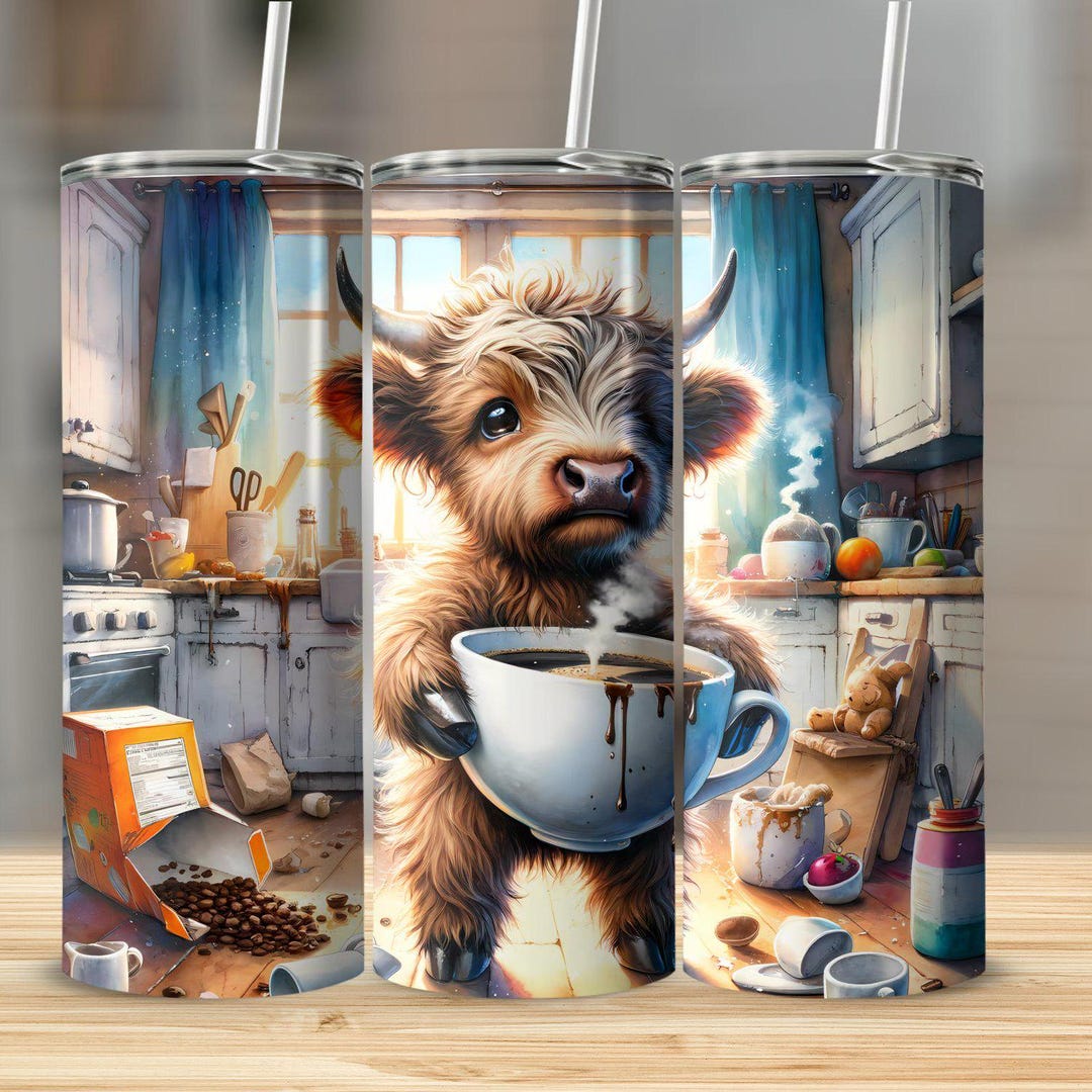 Cute Highland Cow With Coffee Design Tumbler, Whimsical Animal Kitchen ...
