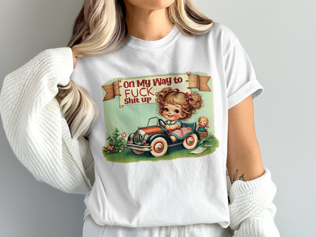 Vintage Cute Girl Driving Car, on My Way to Funny Retro Style T-shirt ...