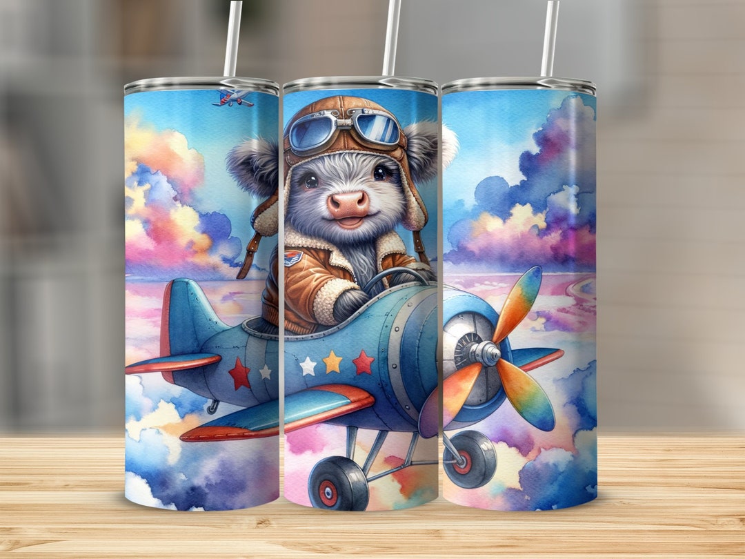 Highland Cow Pilot Tumbler, Vintage Airplane Travel Cup, Unique Animal ...