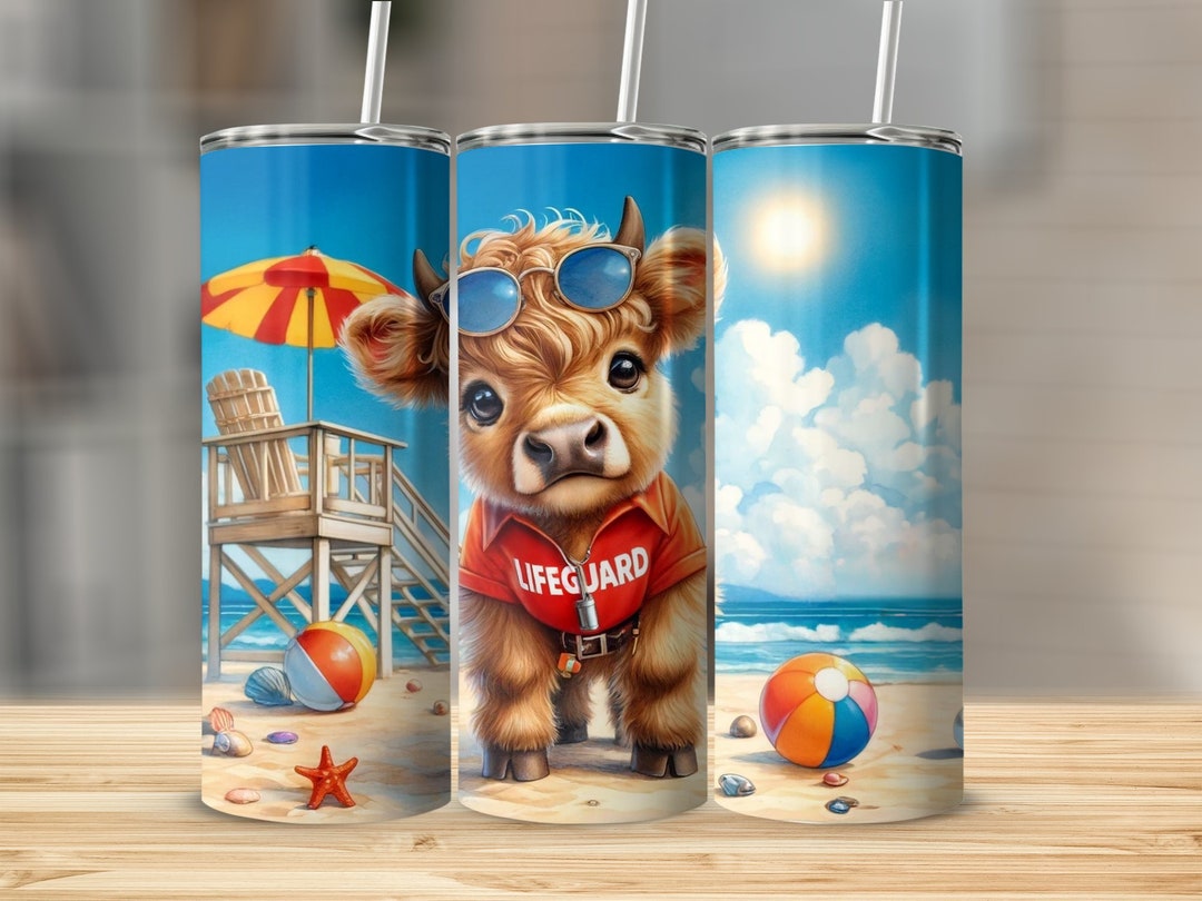 Cute Highland Cow Lifeguard Tumbler, Beach Theme Travel Mug, Sunglasses ...
