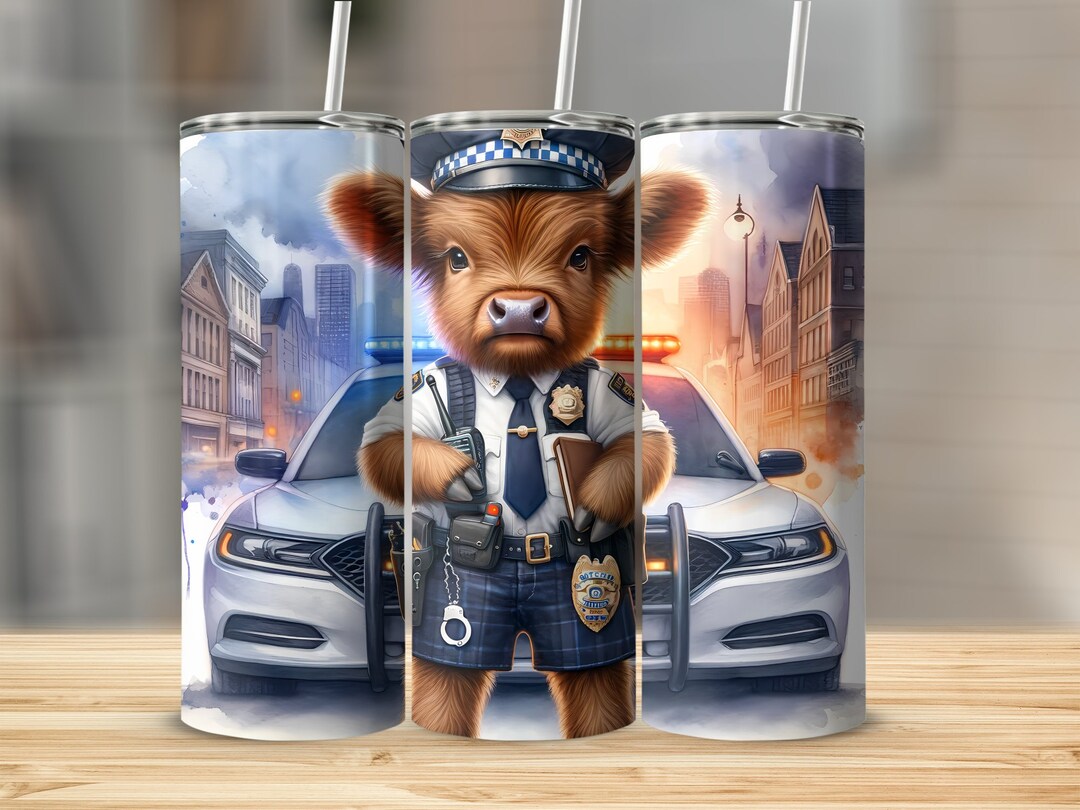 Highland Cow Police Officer Tumbler, Cute Animal Cop Car Drinkware ...