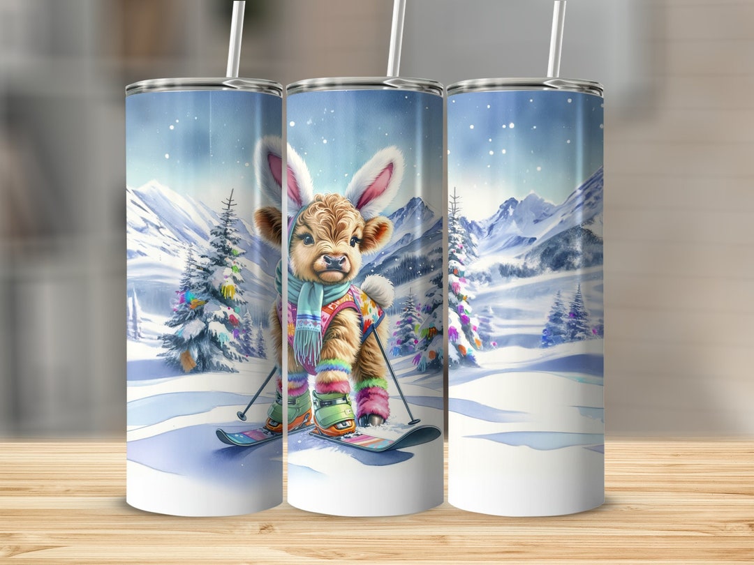 Highland Cow on Skis Tumbler, Cute Winter Scene Insulated Cup, Perfect ...