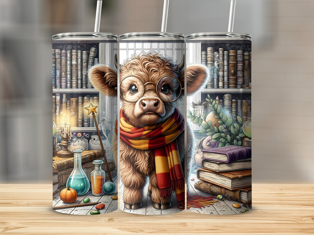 Wizard Highland Cow Tumbler, Cute Cow in Library With Glasses, Magic ...