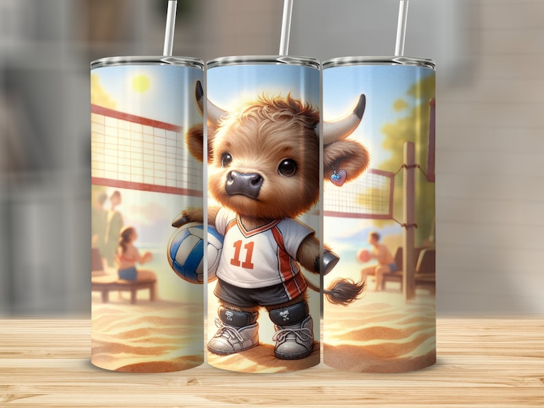 Highland Cow Volleyball Player Tumbler, Cute Highland Cattle Beach ...