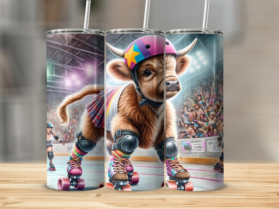 Highland Cow Roller Derby Tumbler, Colorful Cow on Skates, Cute Animal ...