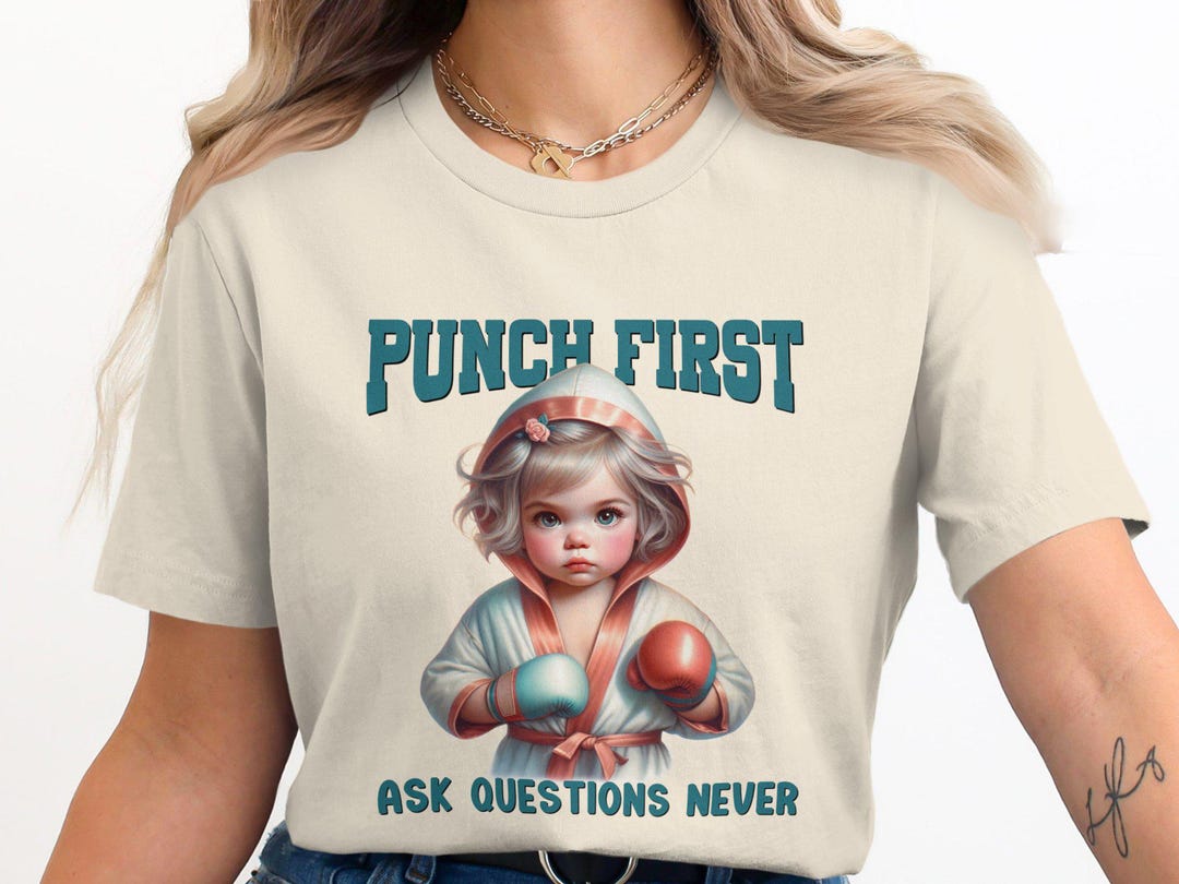 Funny Retro Boxing Baby Graphic, Punch First Ask Questions Never T ...