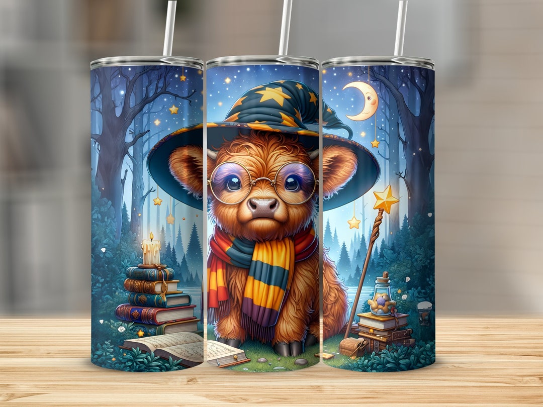 Magical Wizard Highland Cow Tumbler, Fantasy Forest Night Scene ...