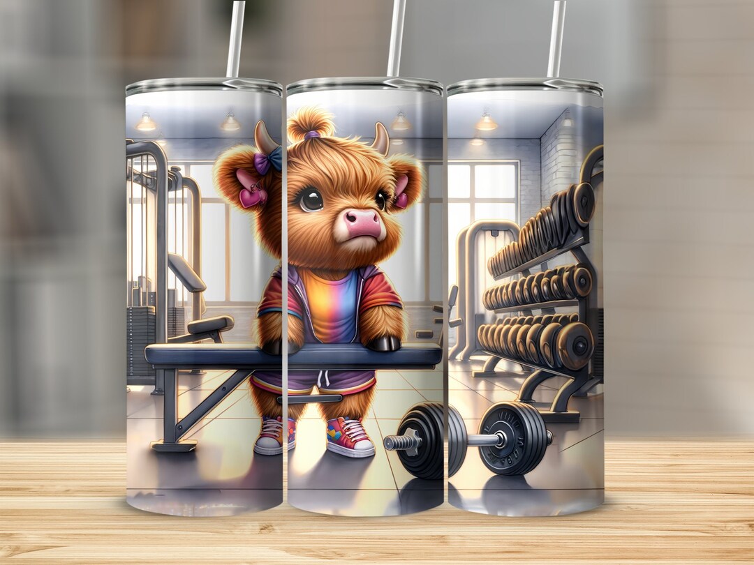 Highland Cow Tumbler, Cute Workout Cow Design, Gym Animal Cartoon ...