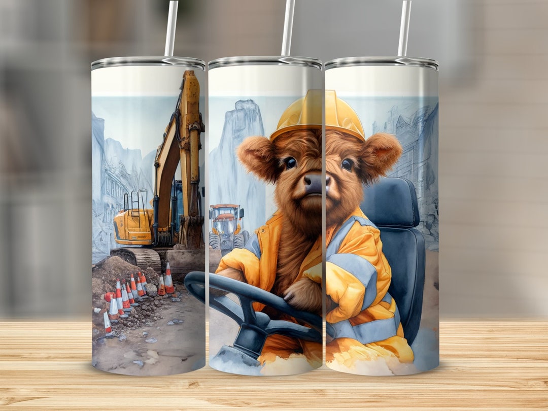 Construction Themed Highland Cow Tumbler, Adorable Cow Worker Design ...