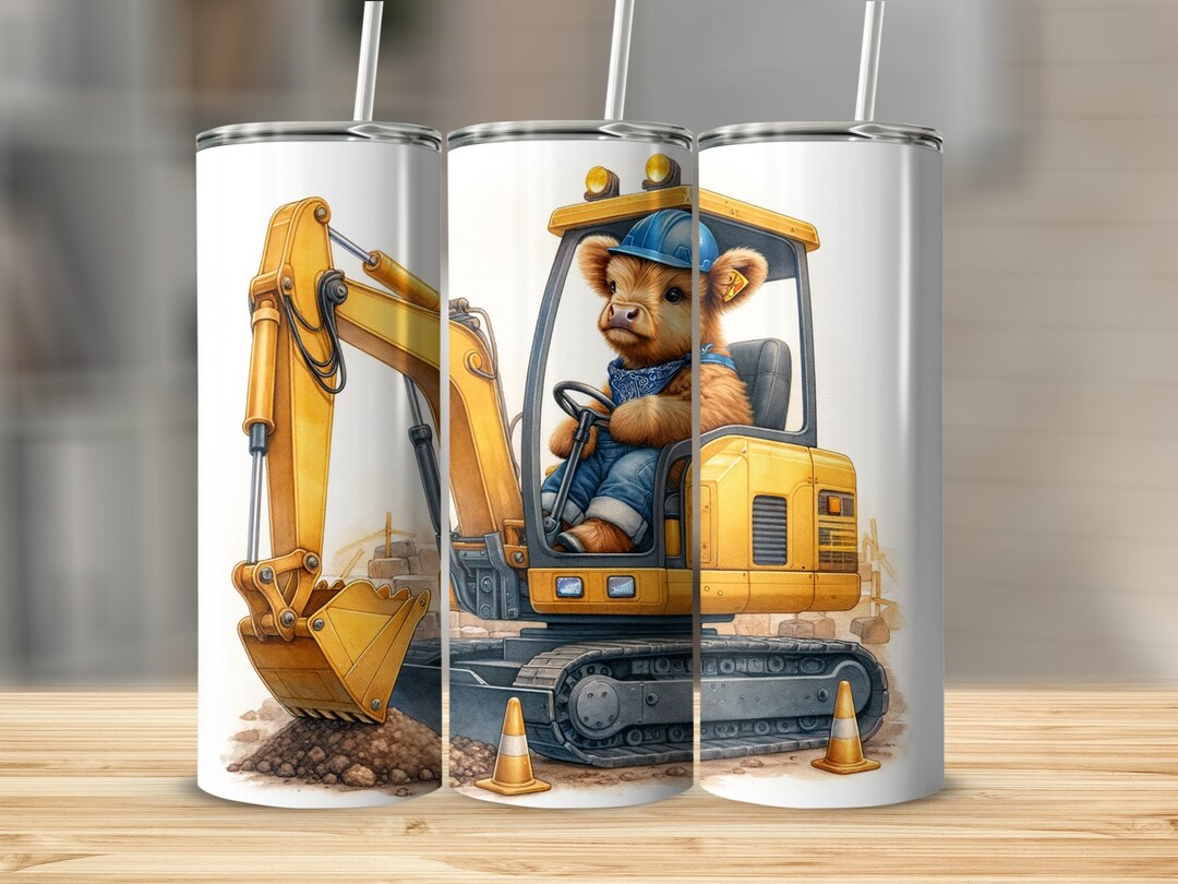 Construction Themed Tumbler, Highland Cow Design, Excavator Art, Cute ...