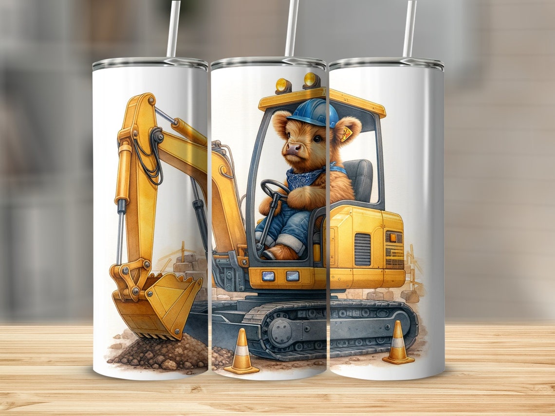 Construction Themed Tumbler, Highland Cow Design, Excavator Art, Cute ...