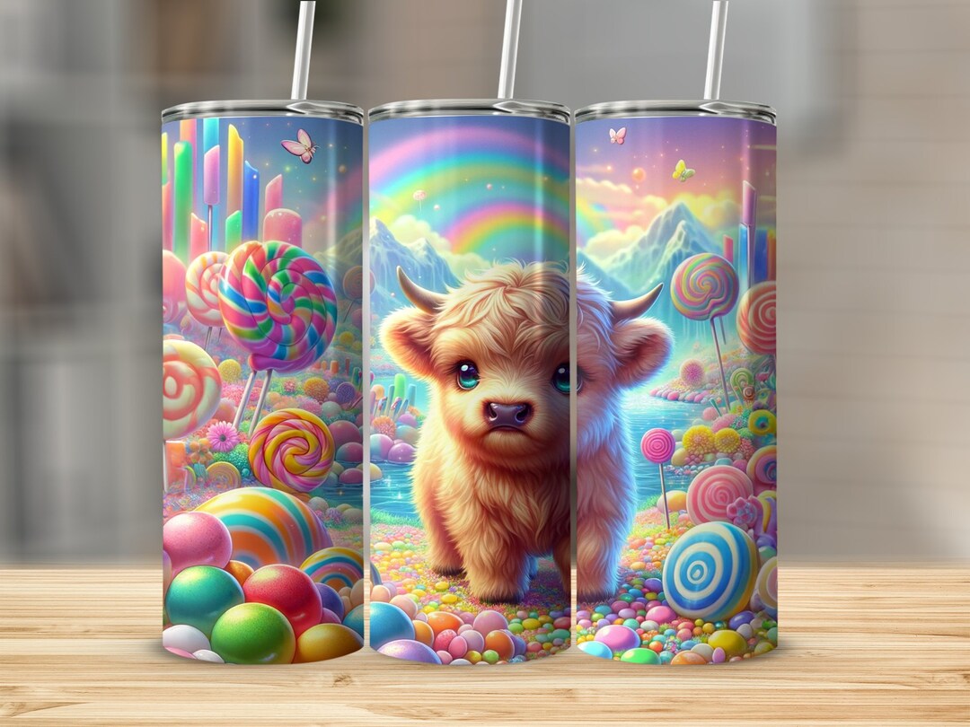 Highland Cow in Candy Land Tumbler, Colorful Fantasy Landscape, 20 Oz ...