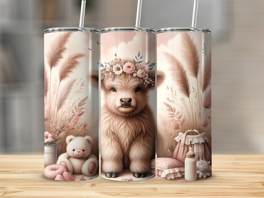 Boho Floral Highland Cow Tumbler, Cute Farm Animal Coffee Cup, Floral ...