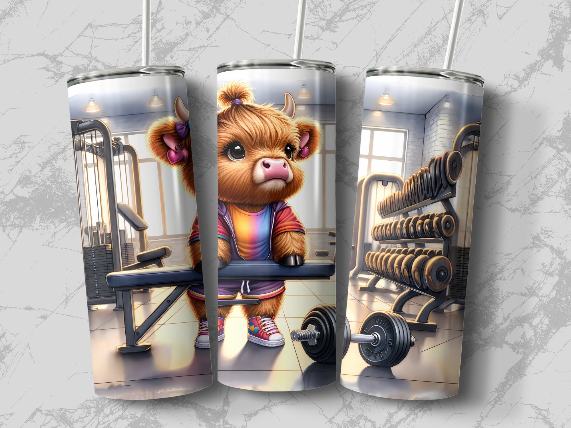 Highland Cow Tumbler, Cute Workout Cow Design, Gym Animal Cartoon ...