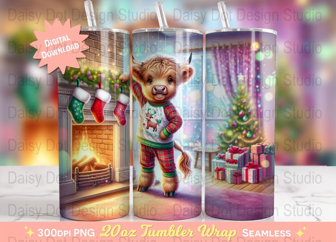 Christmas Highland Cow Design, Cute Cow Holiday Art, Festive Digital ...