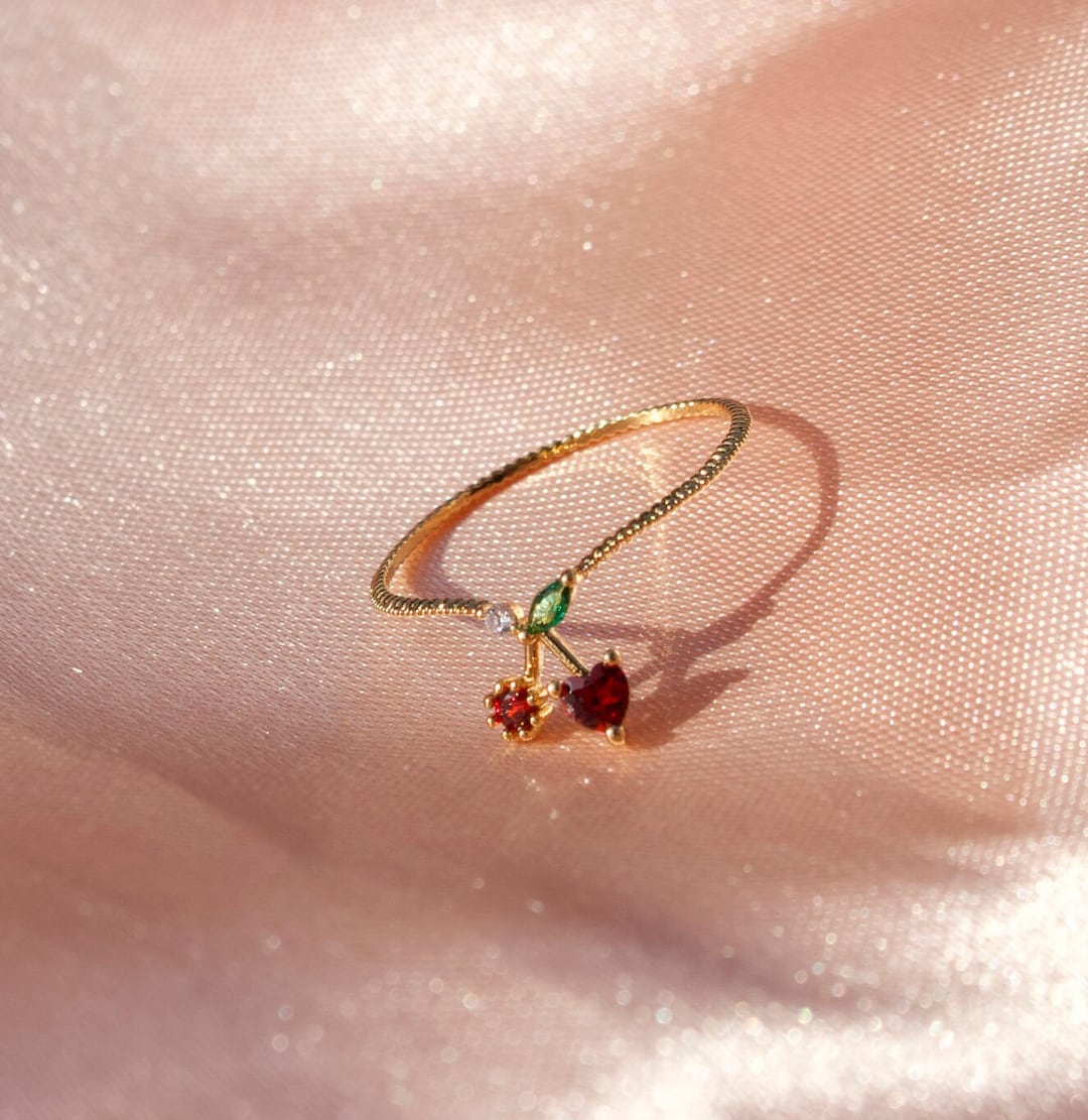 14k Gold Plated Cherry Gemstone Ring | Dainty Fruit Jewelry | 14k Gold ...