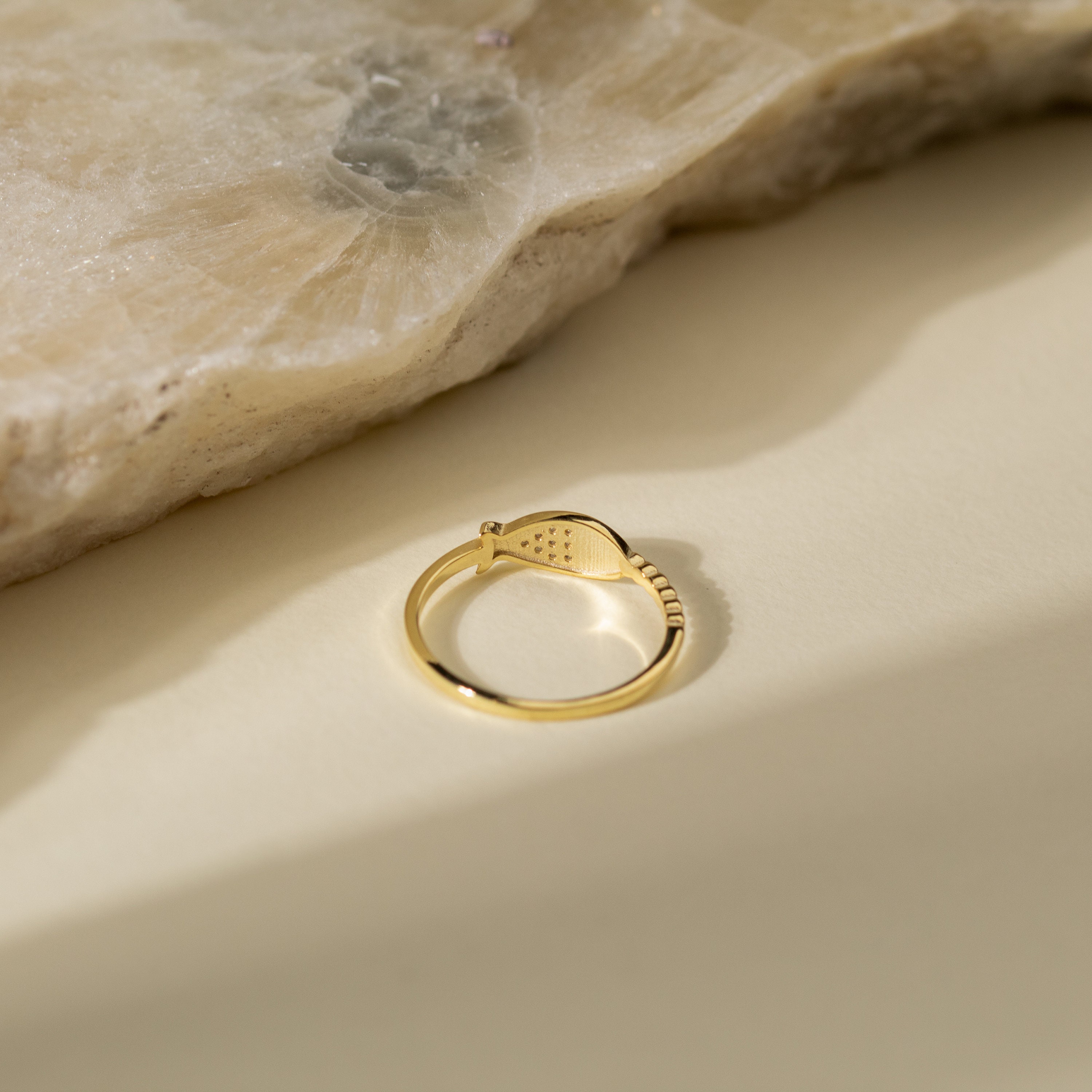 14K Solid Gold Minimalist Stacking Fish Symbol Ring With Cubic Zircon ...
