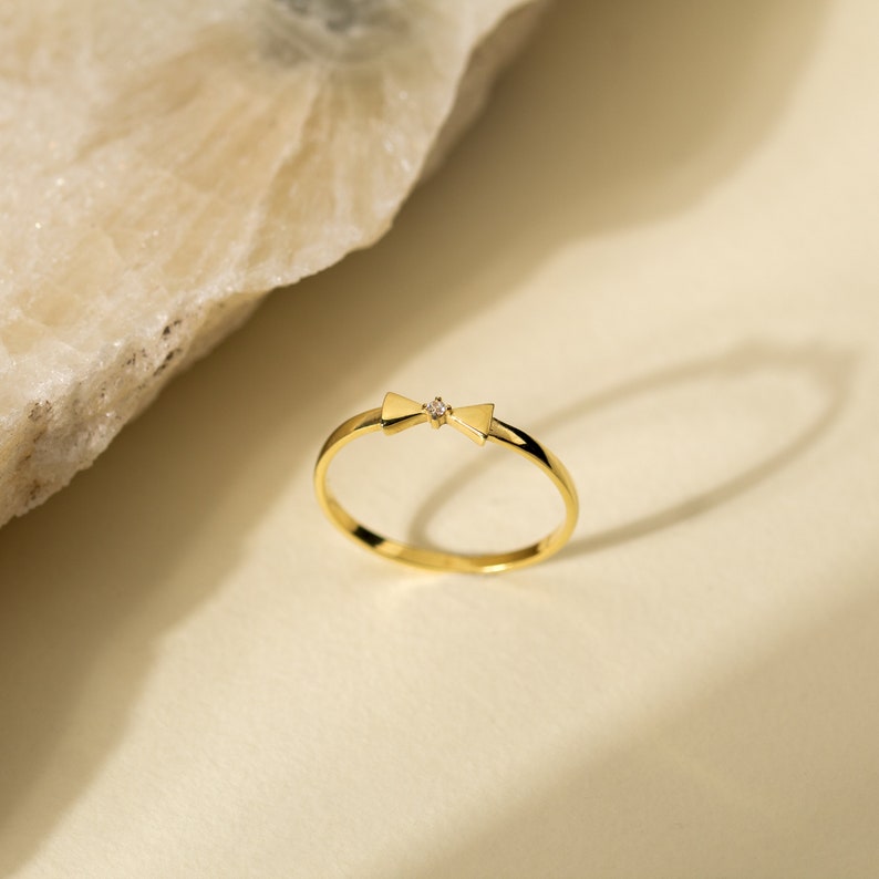 14K Solid Gold Minimalist Stackable Bow Tie Ring, Dainty Bow Band With ...