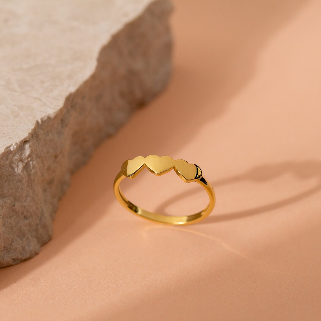 Dainty 14K Solid Gold Stackable Triple Heart Ring for Her, Minimalist ...