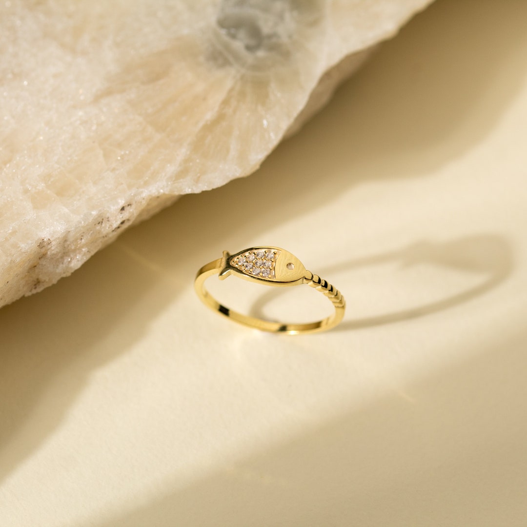 14K Solid Gold Minimalist Stacking Fish Symbol Ring With Cubic Zircon ...