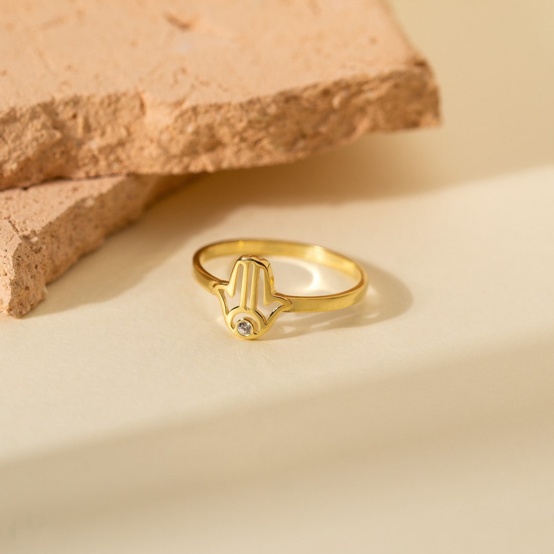 14K Solid Gold Minimalist Hamsa Ring With Cubic Zircon, Dainty ...