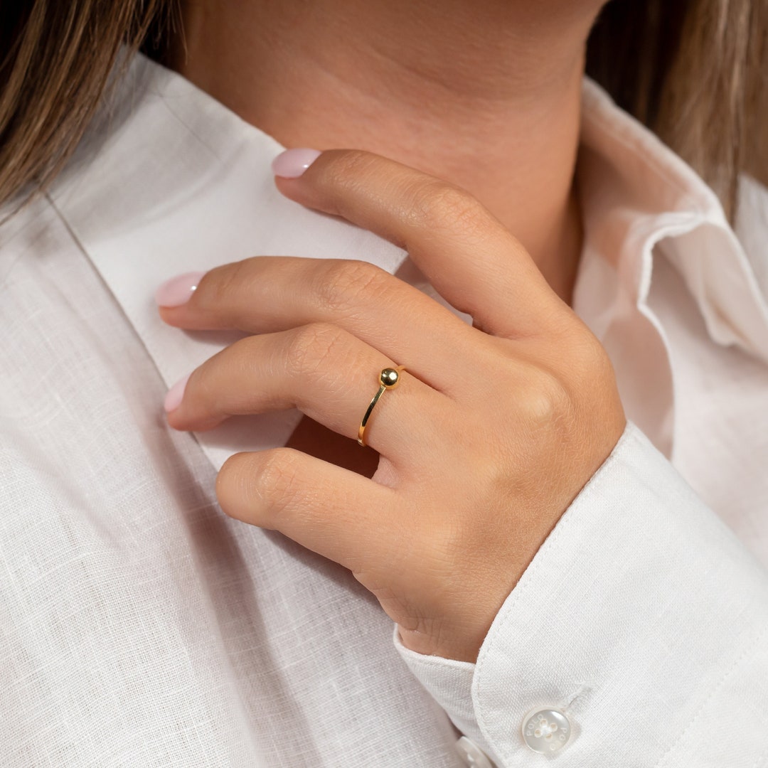 14K Solid Gold Tiny Stackable Ball Ring, Dainty Stacking Statement Ball ...