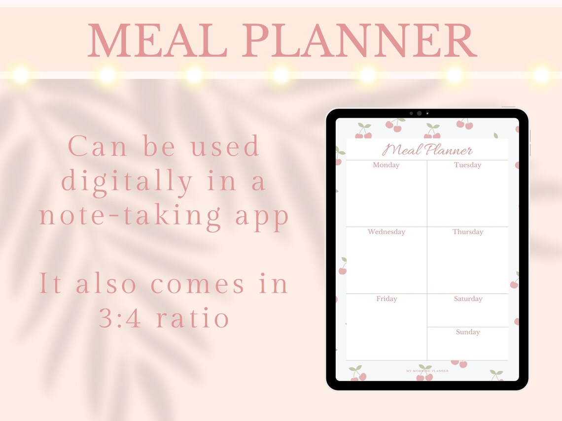 Digital Weekly Meal Planner Printable Ring Binder Insert Cute Cherry ...
